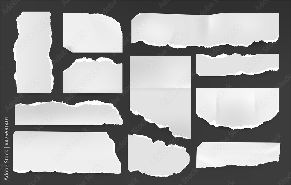 Realistic ripped pages. White blank notebook page sheet with torn edges ...