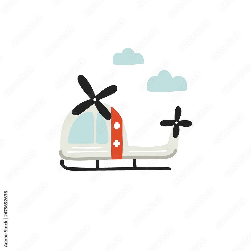 Medical helicopter. Hand drawn ambulance plane, city emergency sky ...