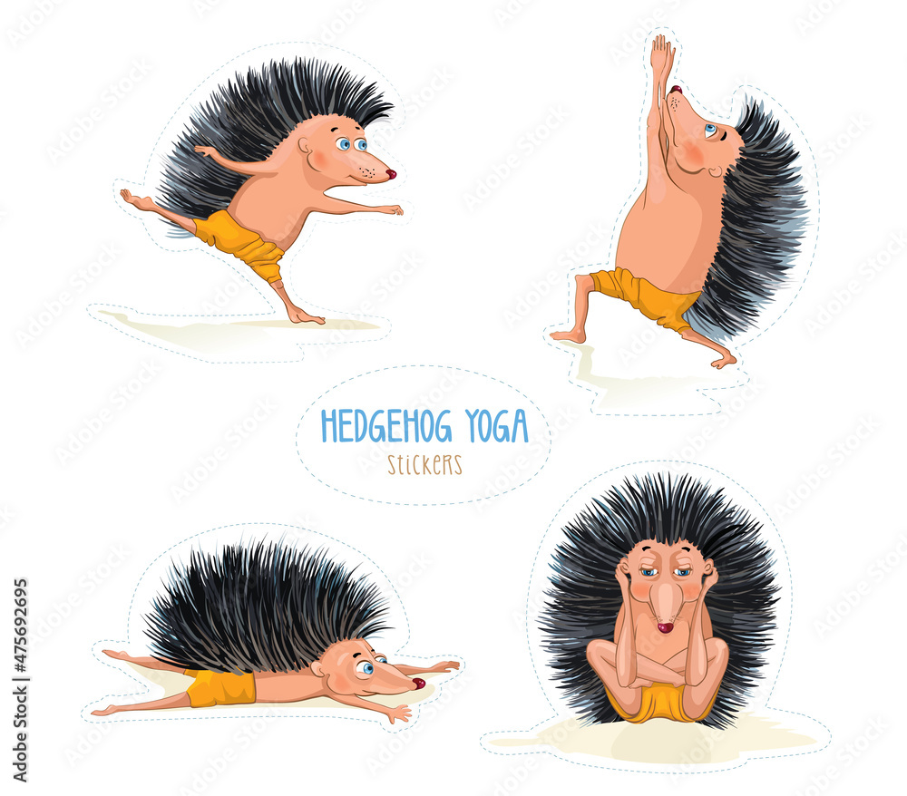 Hedgehogs set. Yoga stickers with hedgehogs. Yoga position. Hedgehog ...