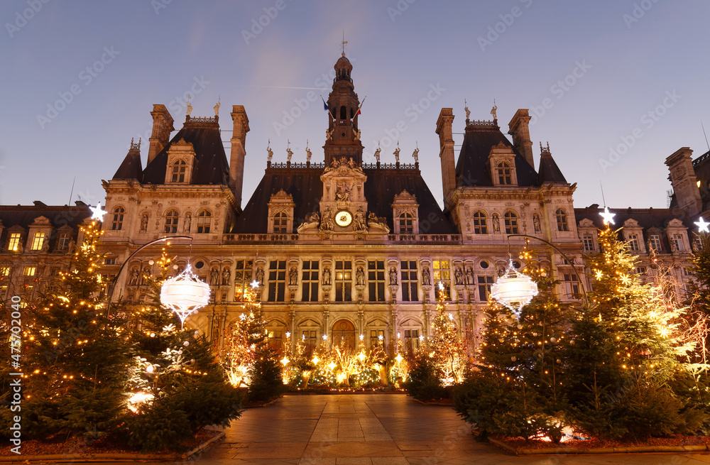 Parisian City Hall decorated with Christmas trees for winter holidays ...