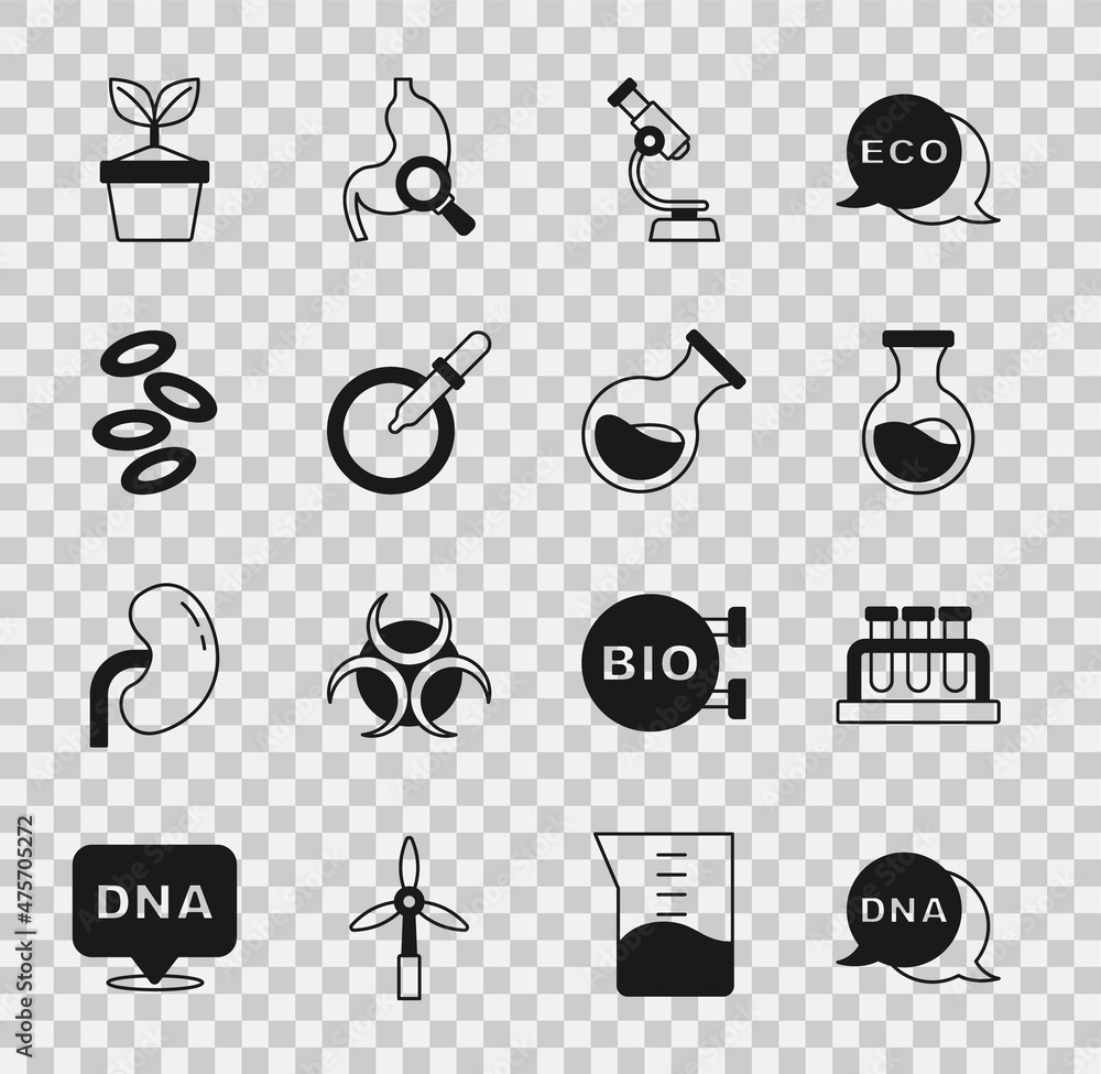 Set DNA symbol, Test tube and flask, Microscope, Petri dish with ...