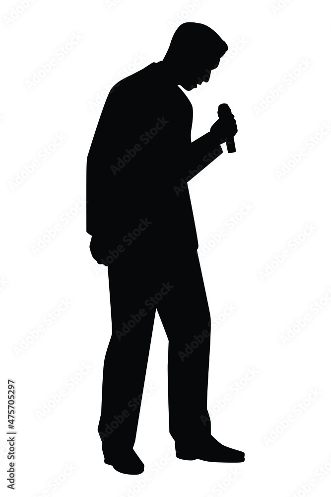 Talk show man with microphone in hand silhouette vector, entertainment ...