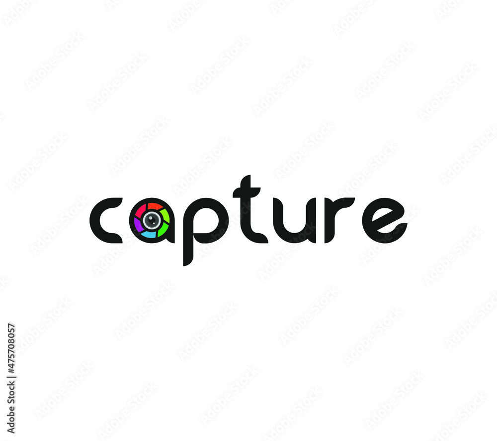 Camera text logo with capture, camera shutter, focus, flush, lens ...