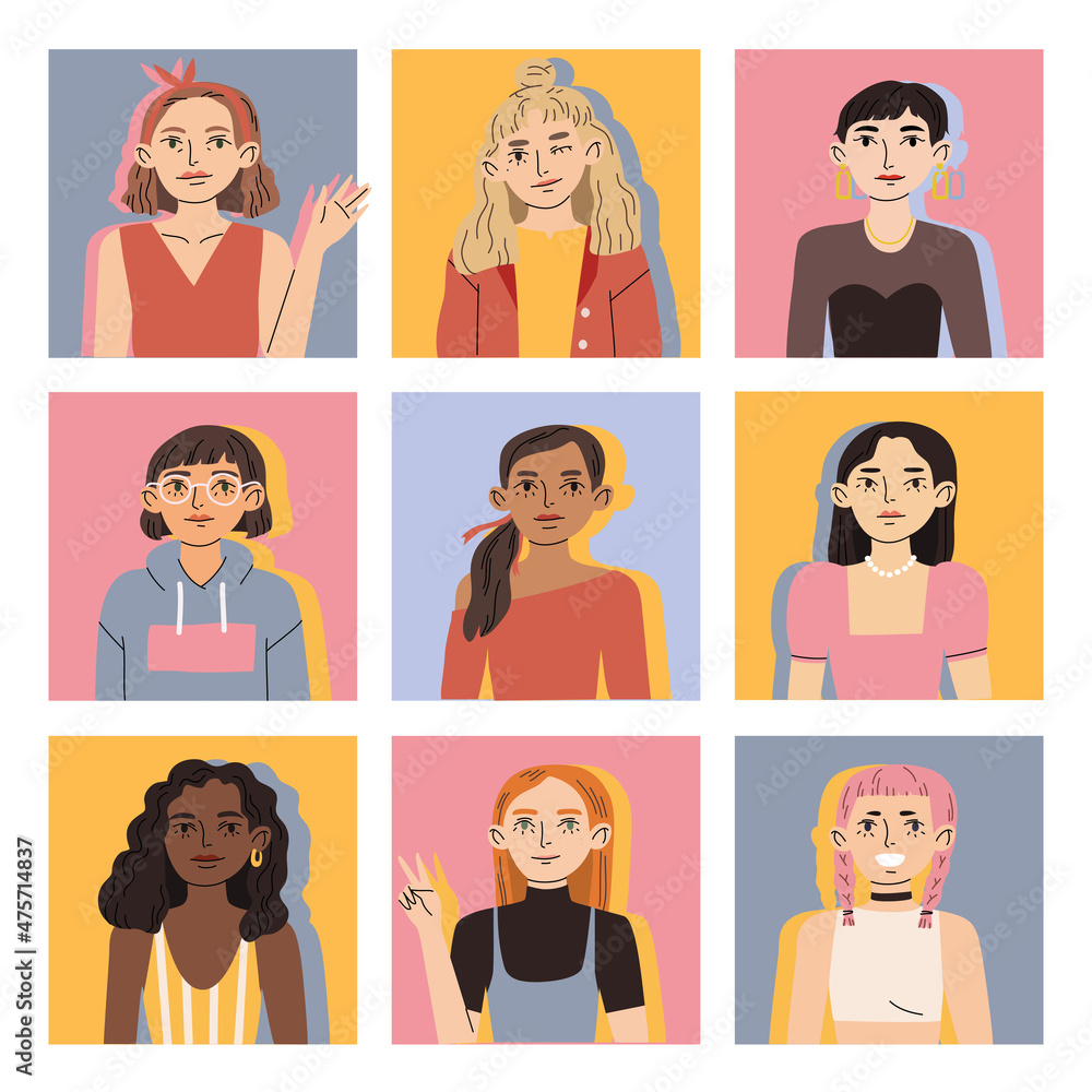 Set of female avatars. Cute portraits of women. Hand drawn vector ...