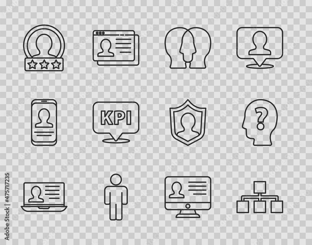 Set line Laptop with resume, Hierarchy organogram chart, Project team base, User of man, Create ...