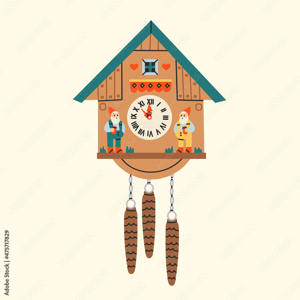 Vintage Cuckoo Clock. Decorative wooden clock with dwarfs or elfs ...