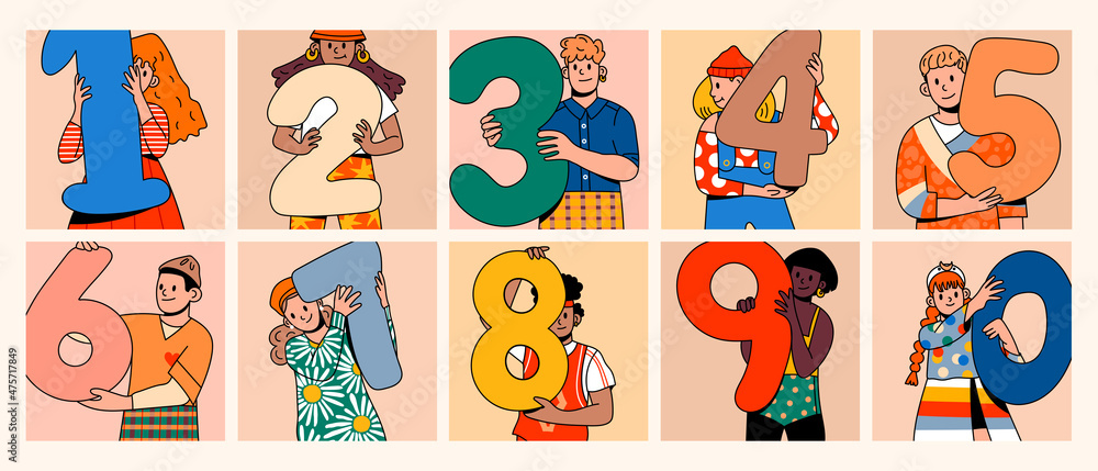 Boys and Girls holding numbers. Set of happy joyful people showing big ...