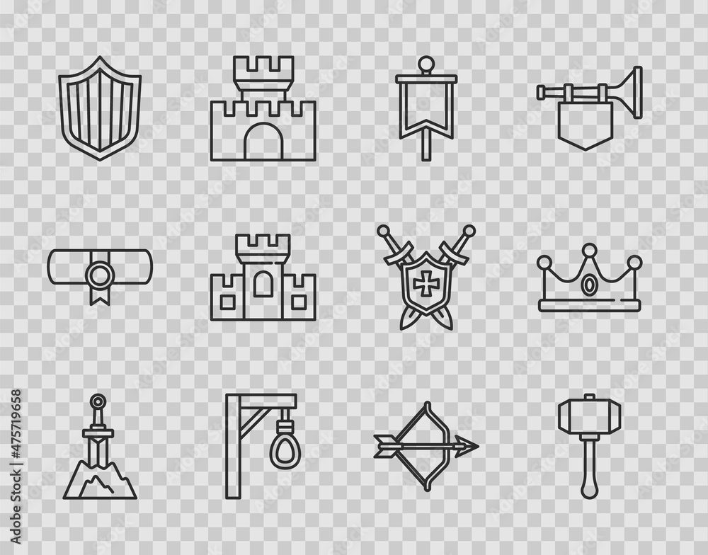 Set line Sword in the stone, Hammer, Medieval flag, Gallows, Shield ...