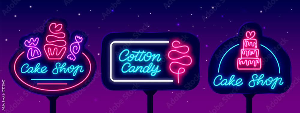Candy shop neon street billboards collection. One line drawing. Sweet ...