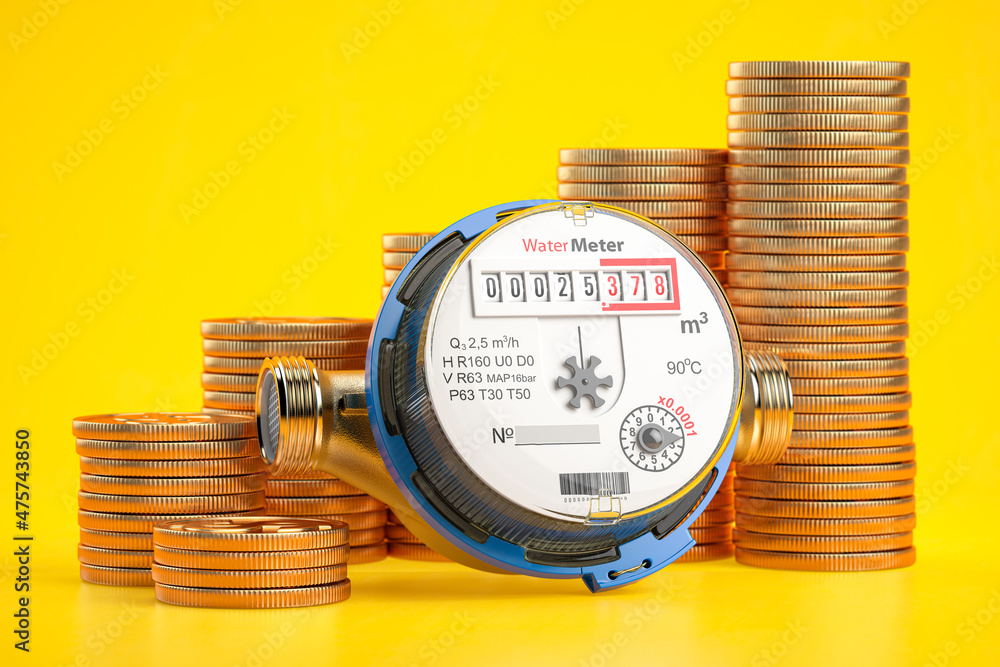 Water meter and coin stacks. Growth of water consumption, price and ...