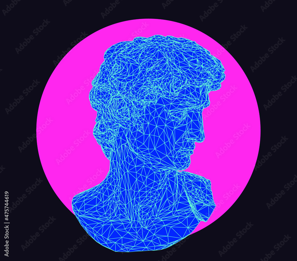 Retrofuturistic style 3D illustration of a low poly bust on dark ...
