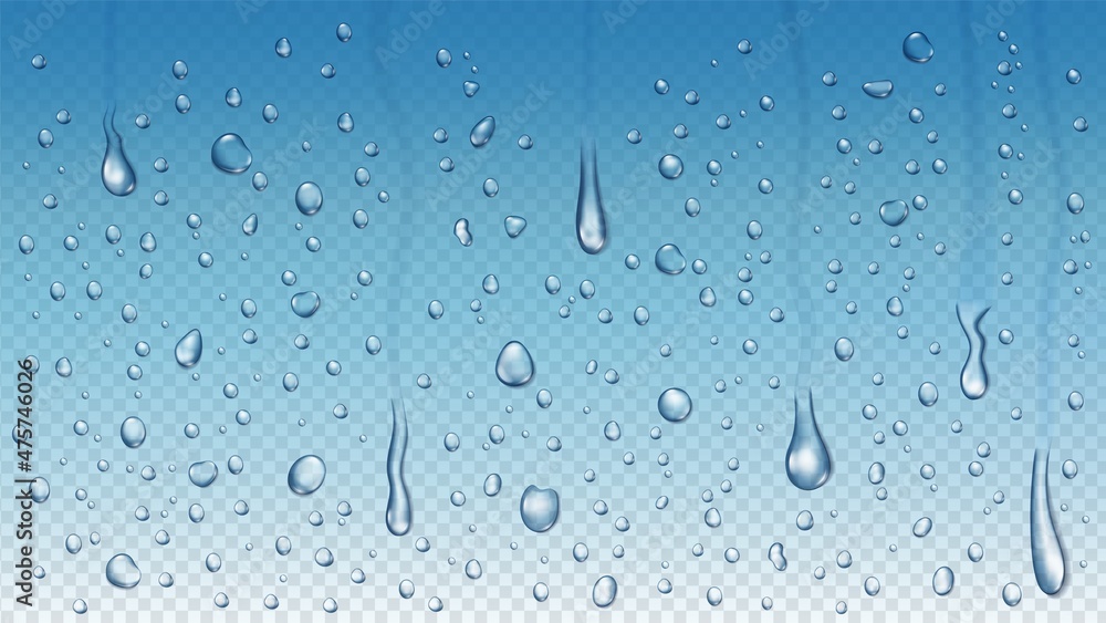 Realistic rain drops on window glass, steam shower condensation ...