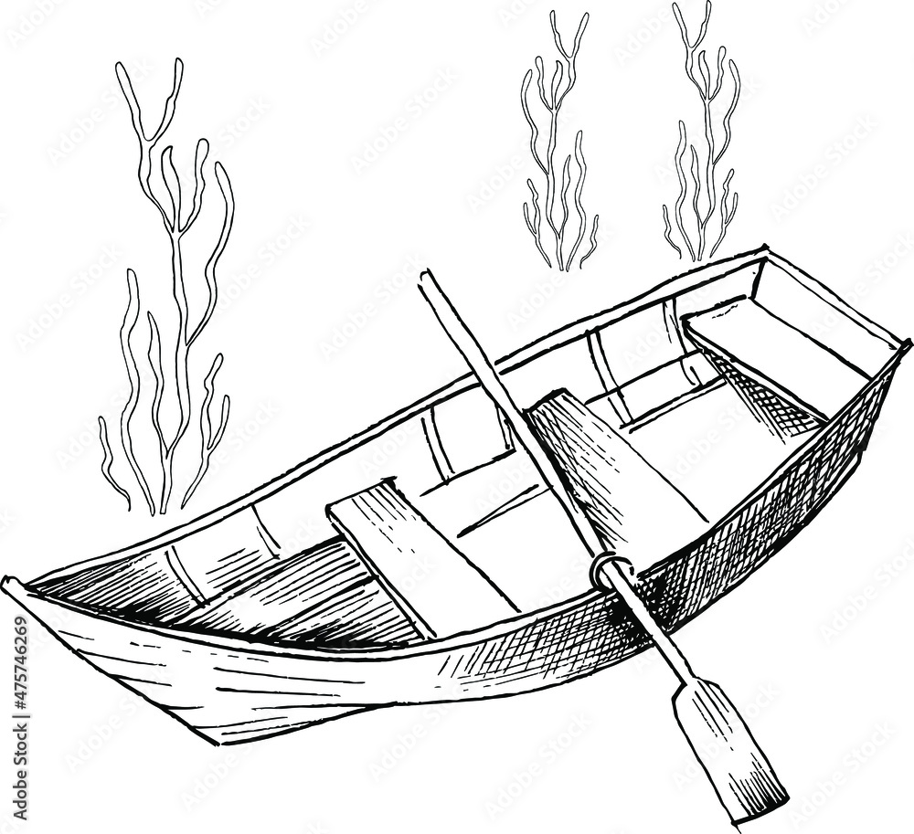 Ink drawing of the boat with oar and seaweeds. The boat and the ...