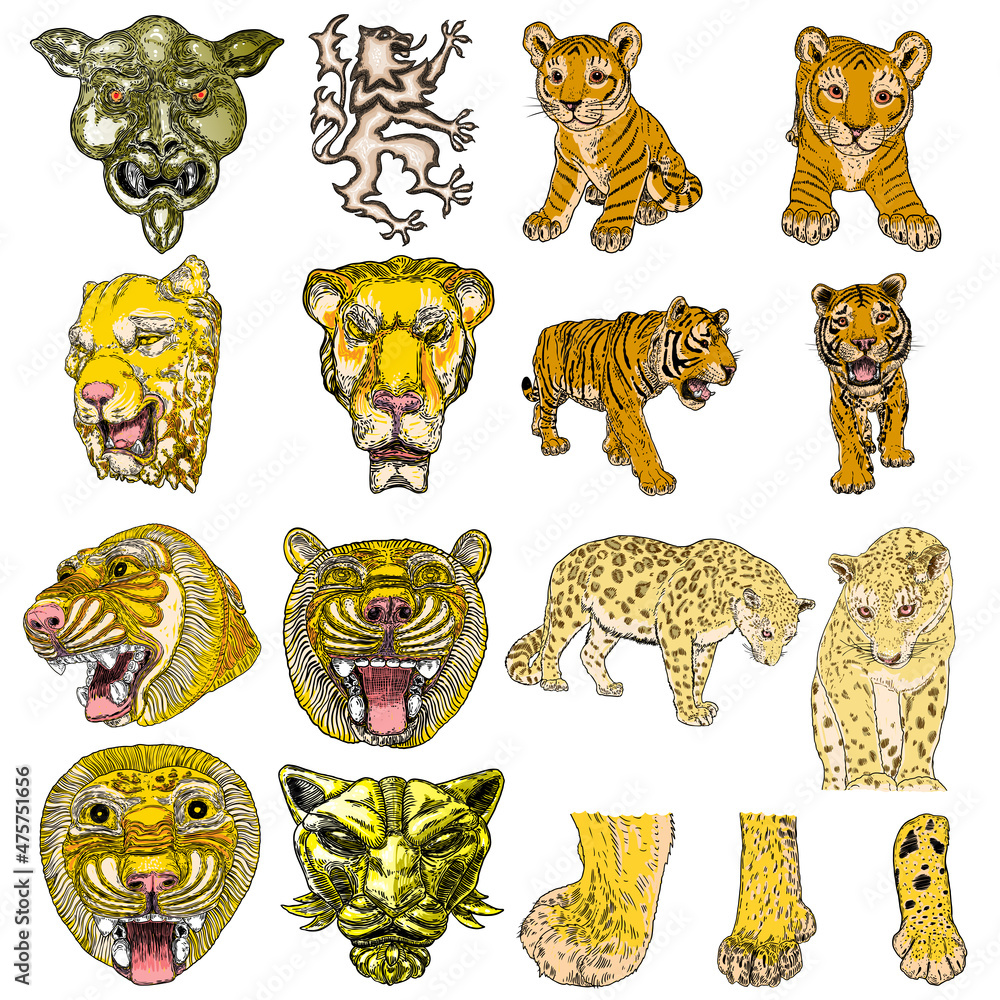 Set of tiger faces and heads made of stone and marble. Decorative ...