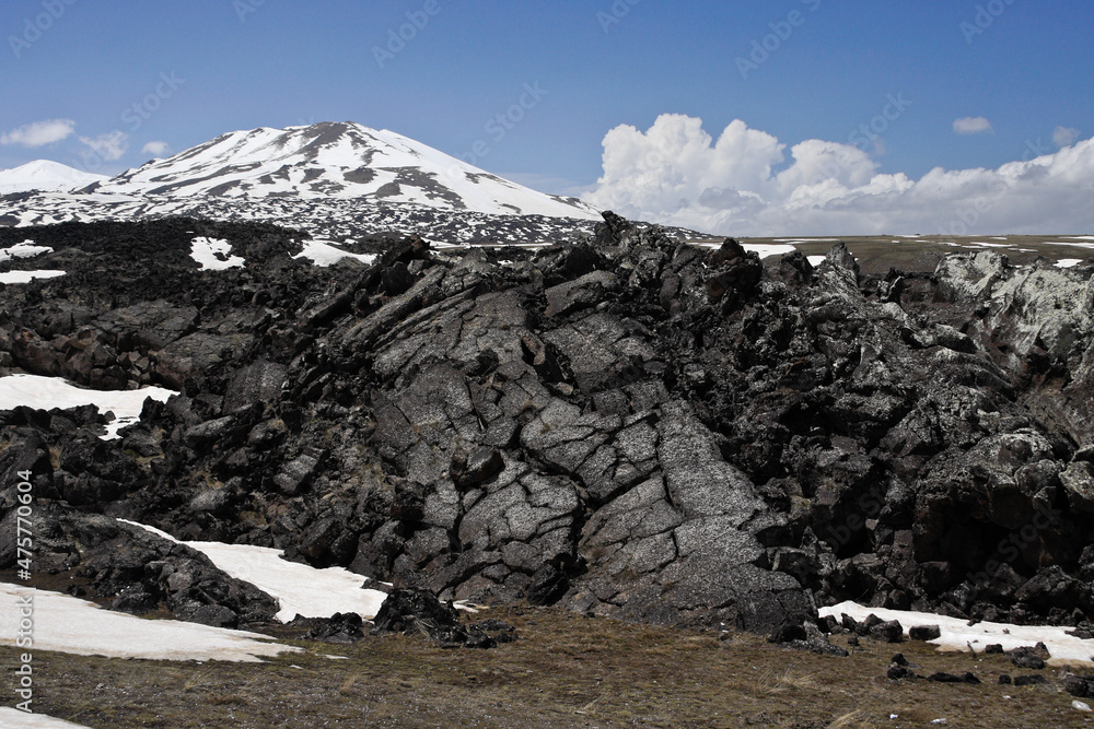 Snow-covered Mount Tendurek (Tondrak) shield volcano and lava flow in ...