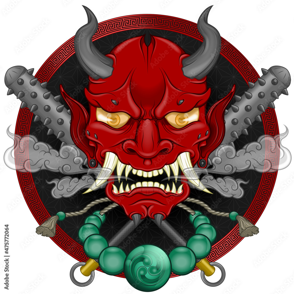 Hannya mask vector design, Japanese Oni Demon with kanabo and tomoe ...