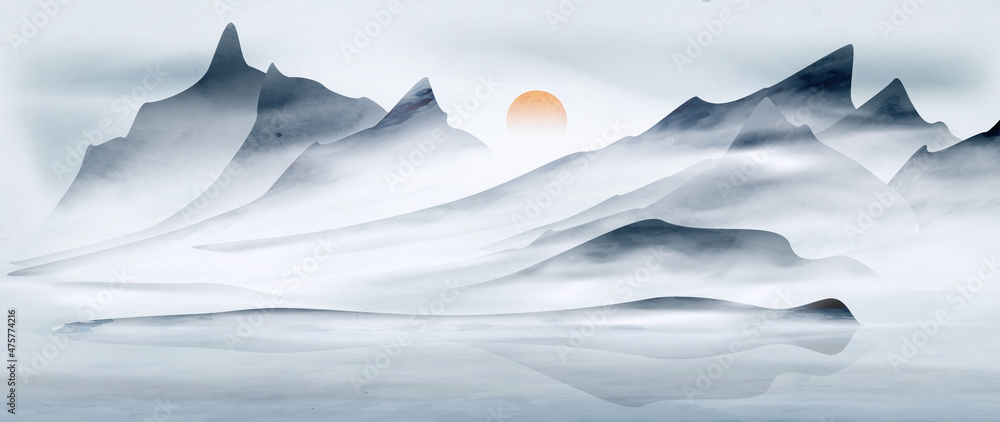 Art watercolor background with mountains and hills in the clouds in ...