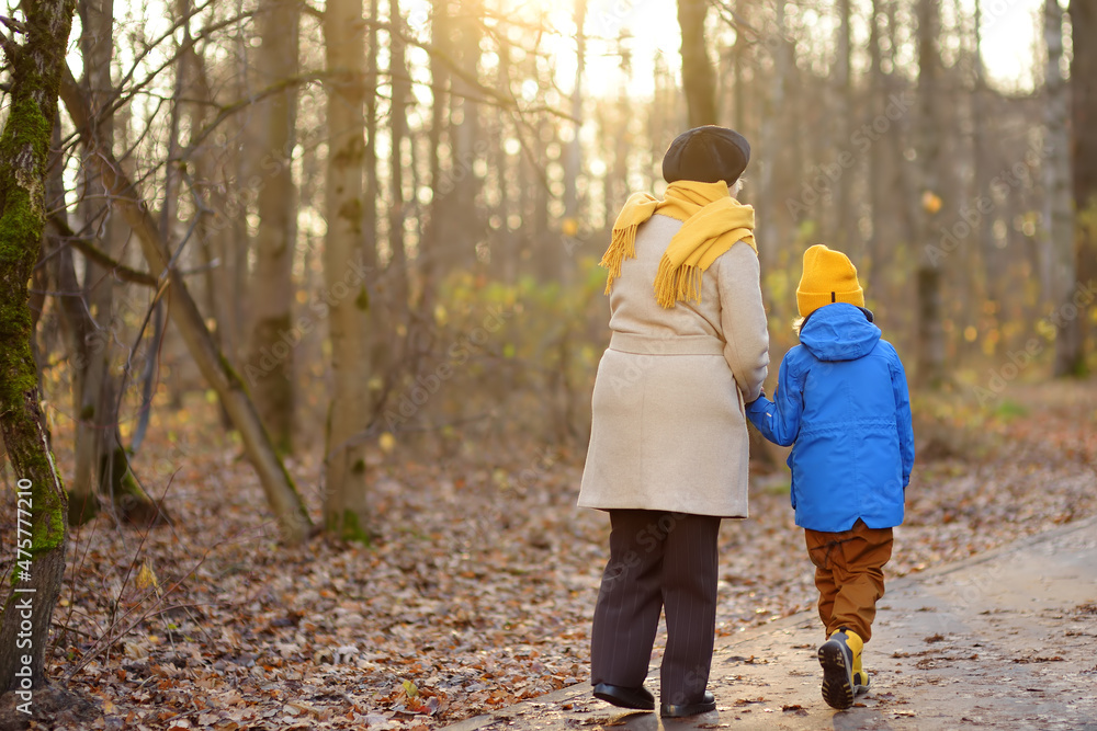Little grandson and elderly grandmother during walking in autumn park ...