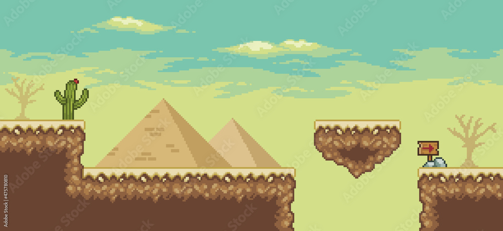 Pixel art desert game scene with pyramid, floating island, palm tree ...