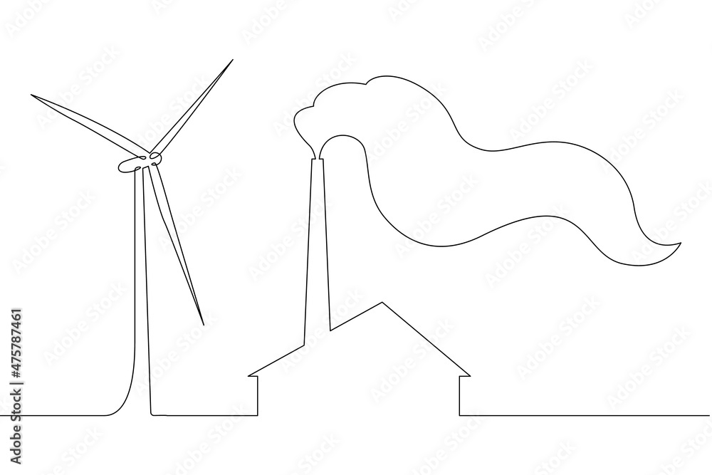One continuous line.Ecology symbol.Wind energy versus thermal power ...