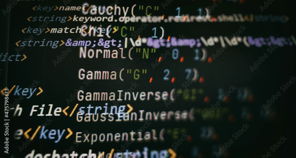 Desktop PC monitor photo. Javascript functions, variables, objects. Project managers work new ...