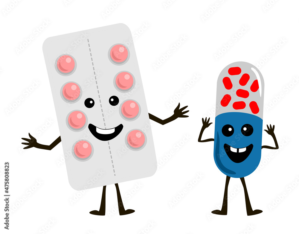 Cute cartoon pill capsule with kawaii face and a blister with pills ...
