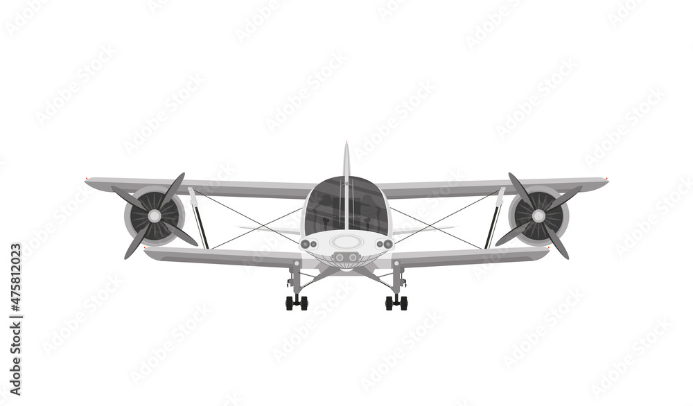 Biplane. Retro airplane illustration. Vintage plane front view ...