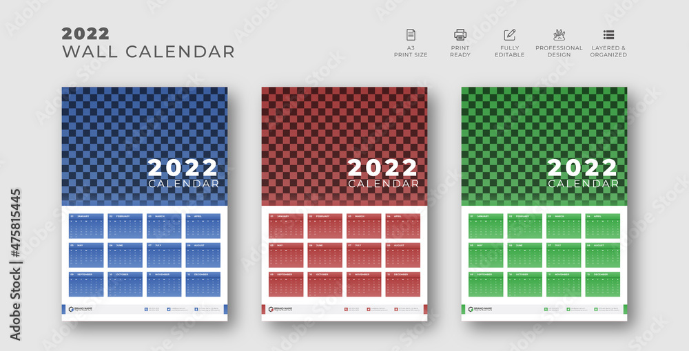 Year 2022 wall calendar design horizontal vector template, simple clean ...