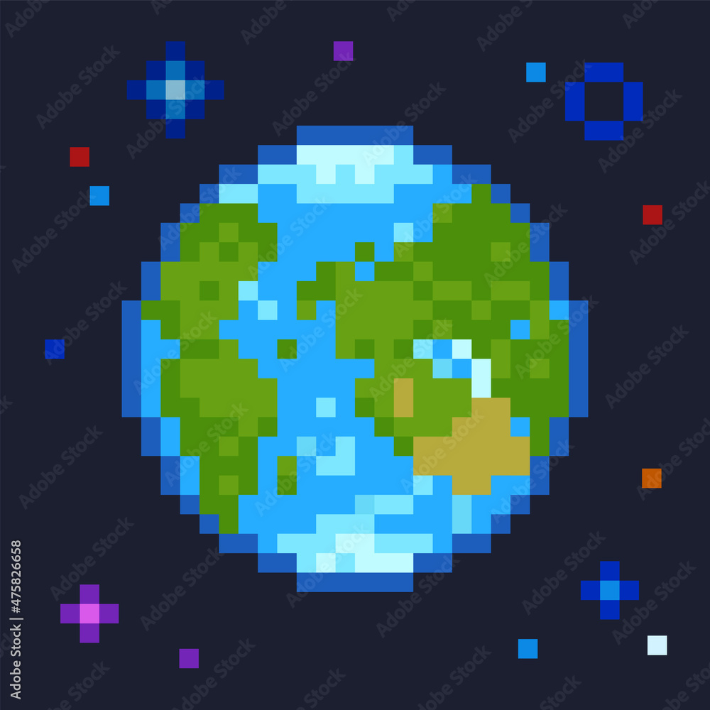 Pixel Art Vector Earth planet icon in cosmic space. Pixel planet ...