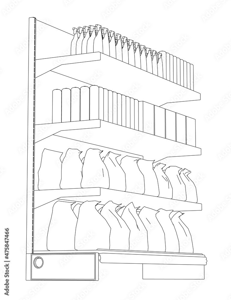 Outline of shop rack with goods from black lines isolated on white ...