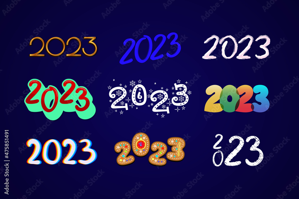 Bright 2023 numbers set on navy blue background, icons template for New ...