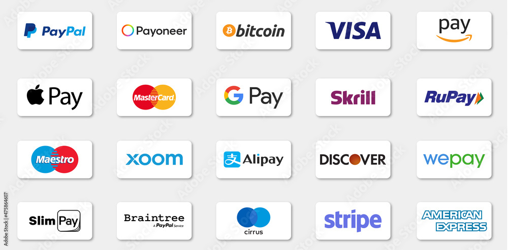 Online payment methods company logo icons set. Paypal, Visa, Payoneer ...