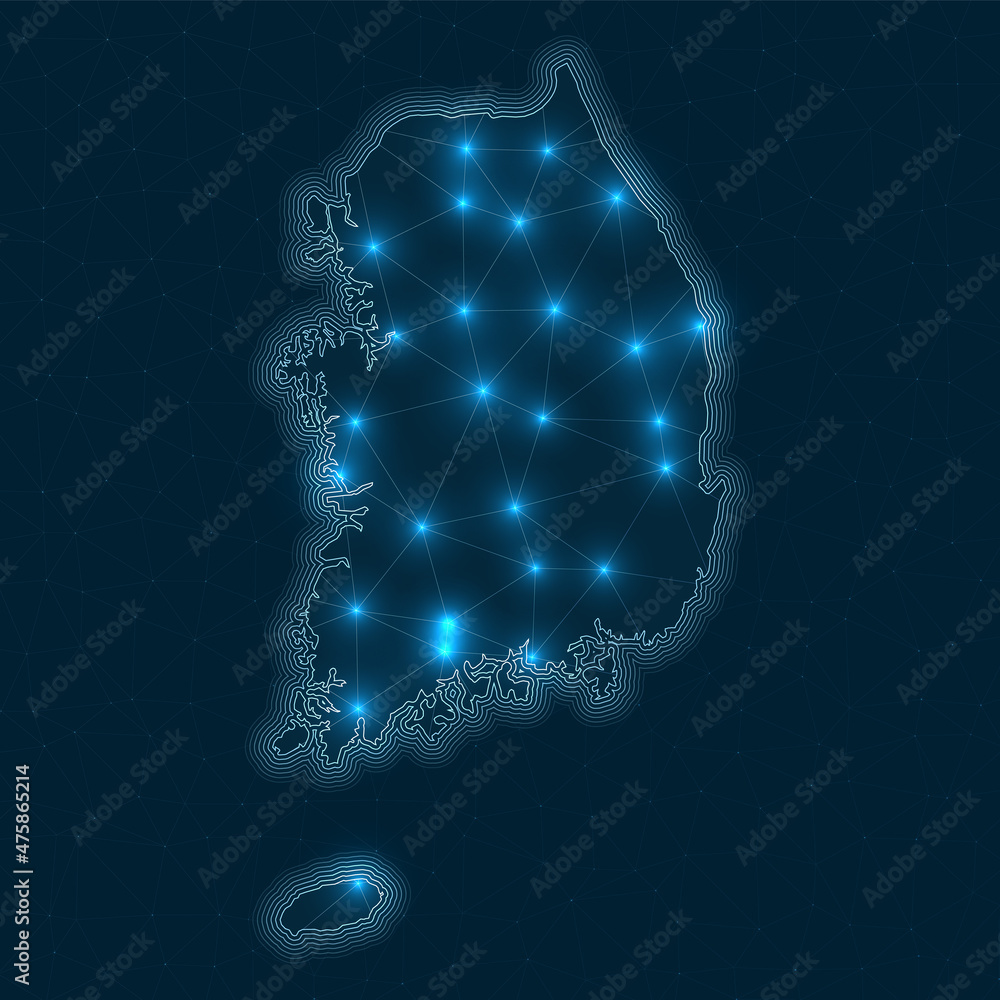South Korea network map. Abstract geometric map of the country. Digital ...