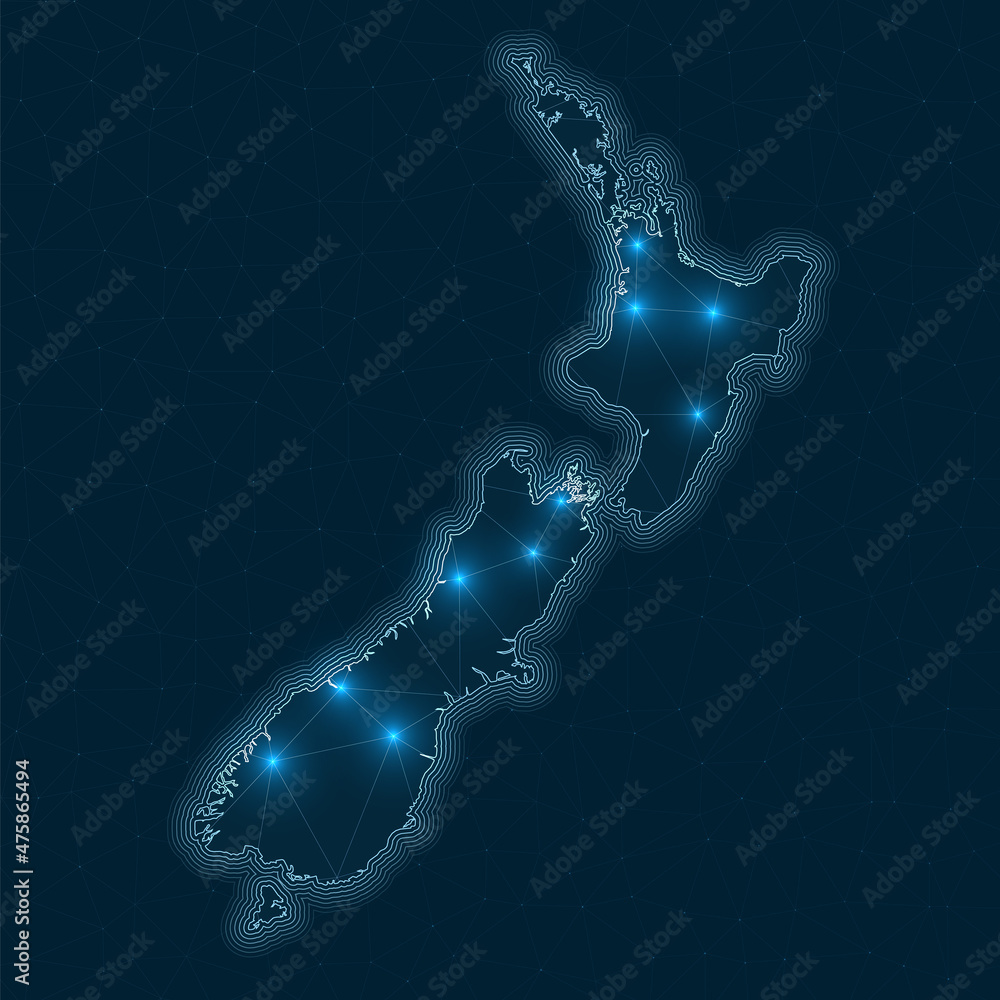 New Zealand network map. Abstract geometric map of the country. Digital ...