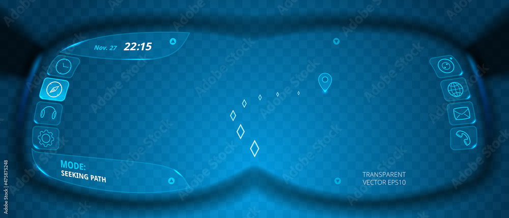 Futuristic view through augmented reality glasses. Wayfinding mode on ...