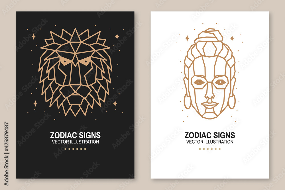 Set of Zodiac astrology horoscope signs leo and virgo flyer, brochure ...