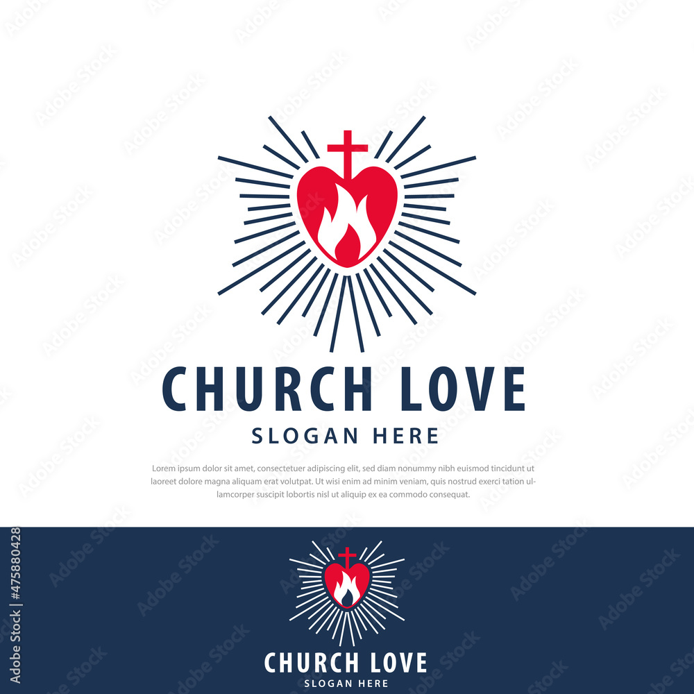 Cross church love heart ray logo design, abstract religious holy fire ...