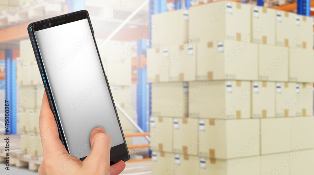 Phone hand. Smartphone template with blank screen. Man with phone in ...