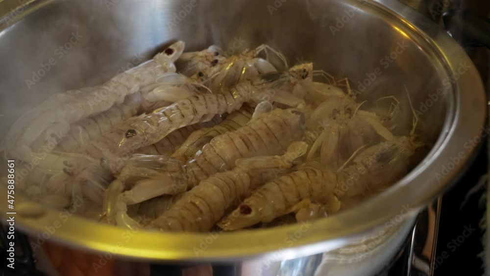 Video „Mantis shrimp cooking in the pot, seafood ingredients for ...