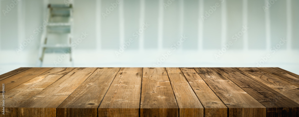 Empty Wood Table Surface Display Background with Construction Theme ...