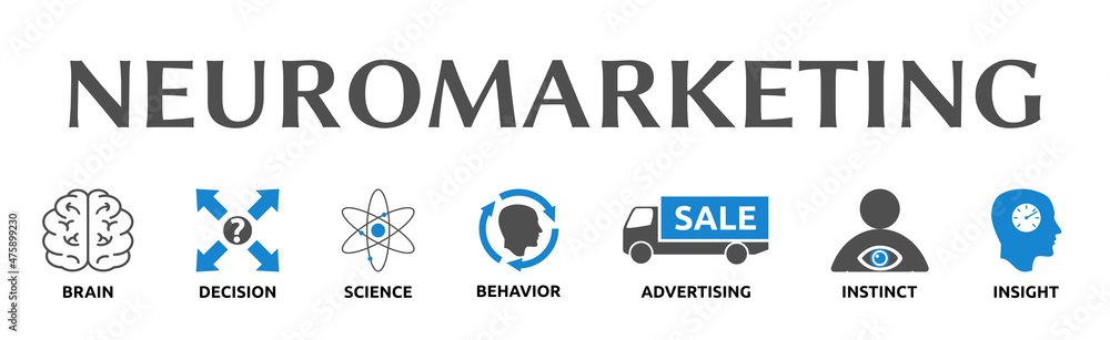 Neuromarketing. Banner mit Icons. Brain, Decision, Science, Behavior ...