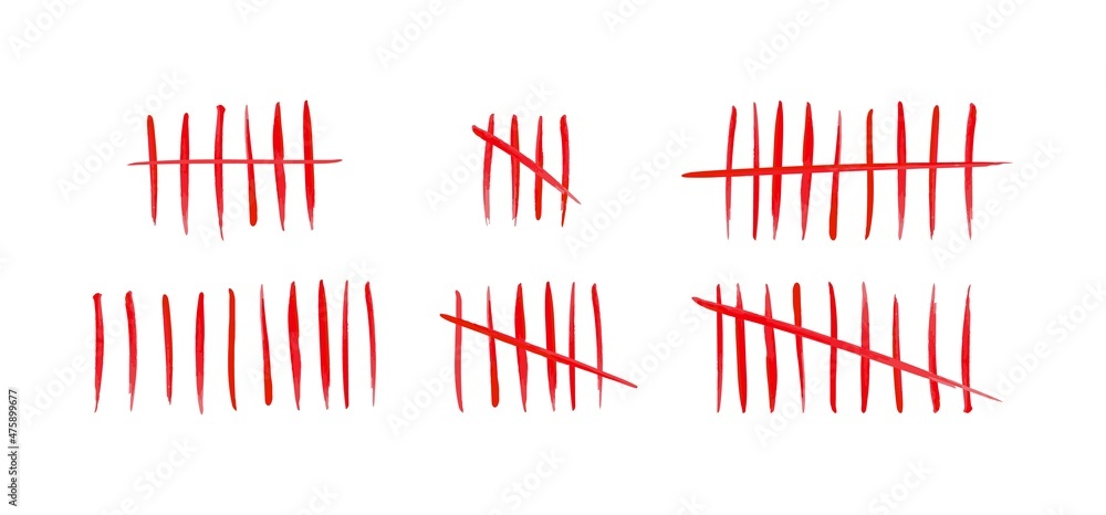 Tally marks set on white background. Collection of blood red hash marks ...