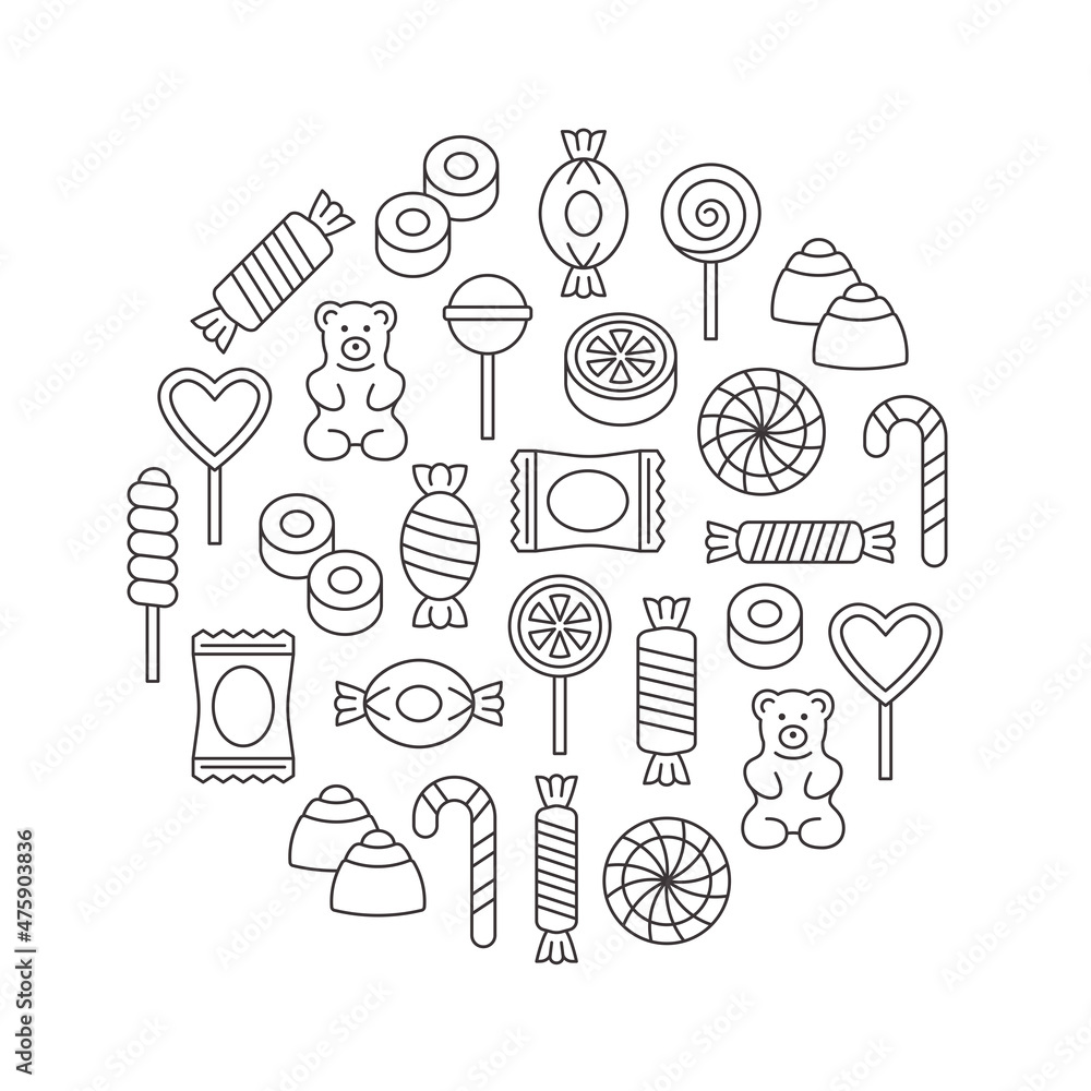 Candy card. Circle line template with lollipop, sweets, caramel, candy ...