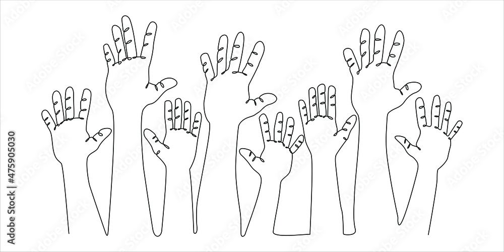 continuous line drawing of hands with many raised to volunteer ...