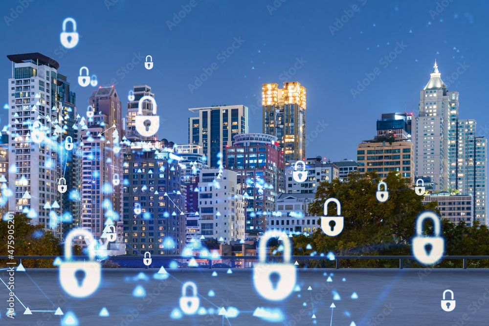 Rooftop with concrete terrace, Bangkok night skyline. Cyber security ...