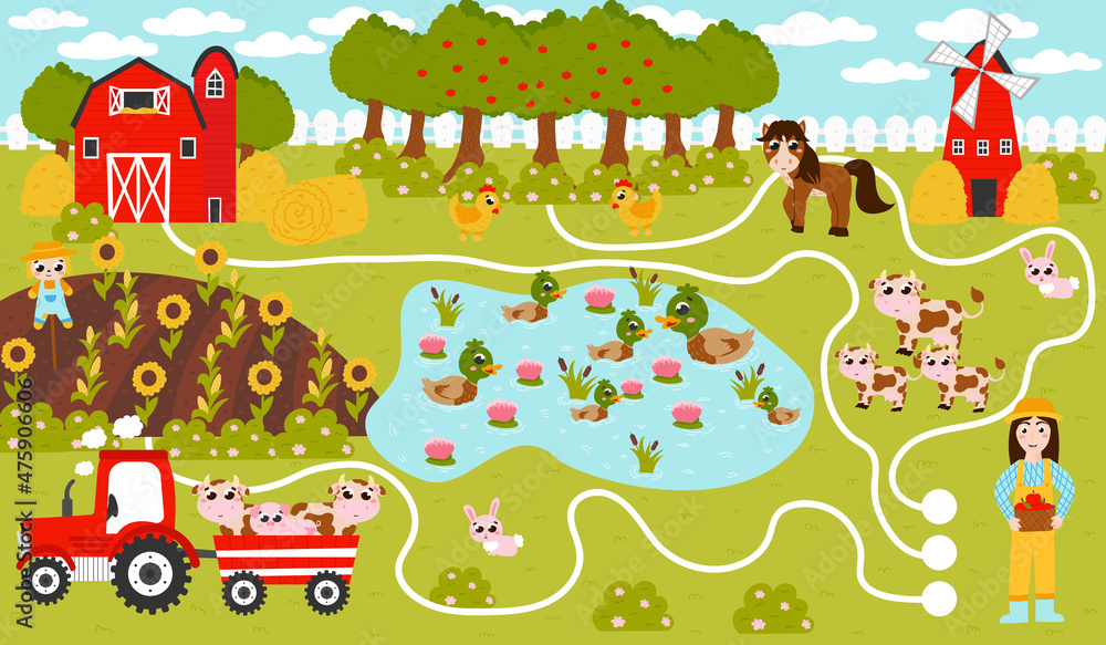 Vetor de Find way game for kids with farmer girl and tractor with ...