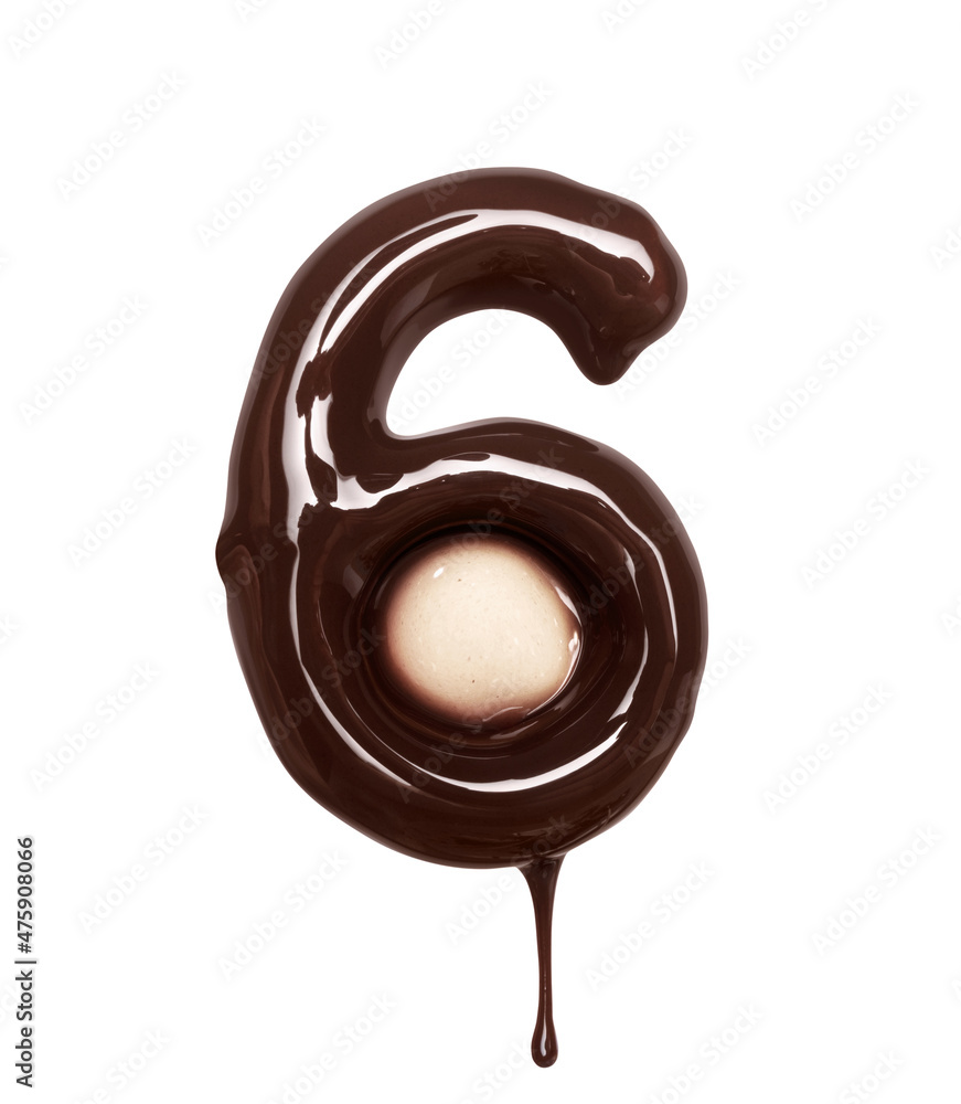 Number 6 with dripping drop is made of melted chocolate, isolated on ...