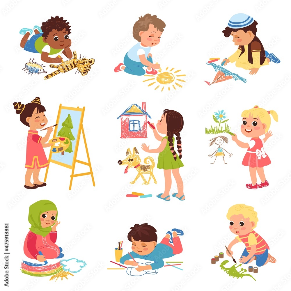 Kids draw. Cute happy children with pencils and paints, boys and girls ...