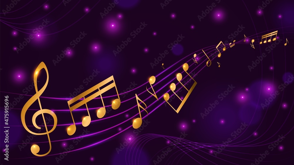 Music note poster. Gold abstract melody wavy horizontal banner, smooth ...