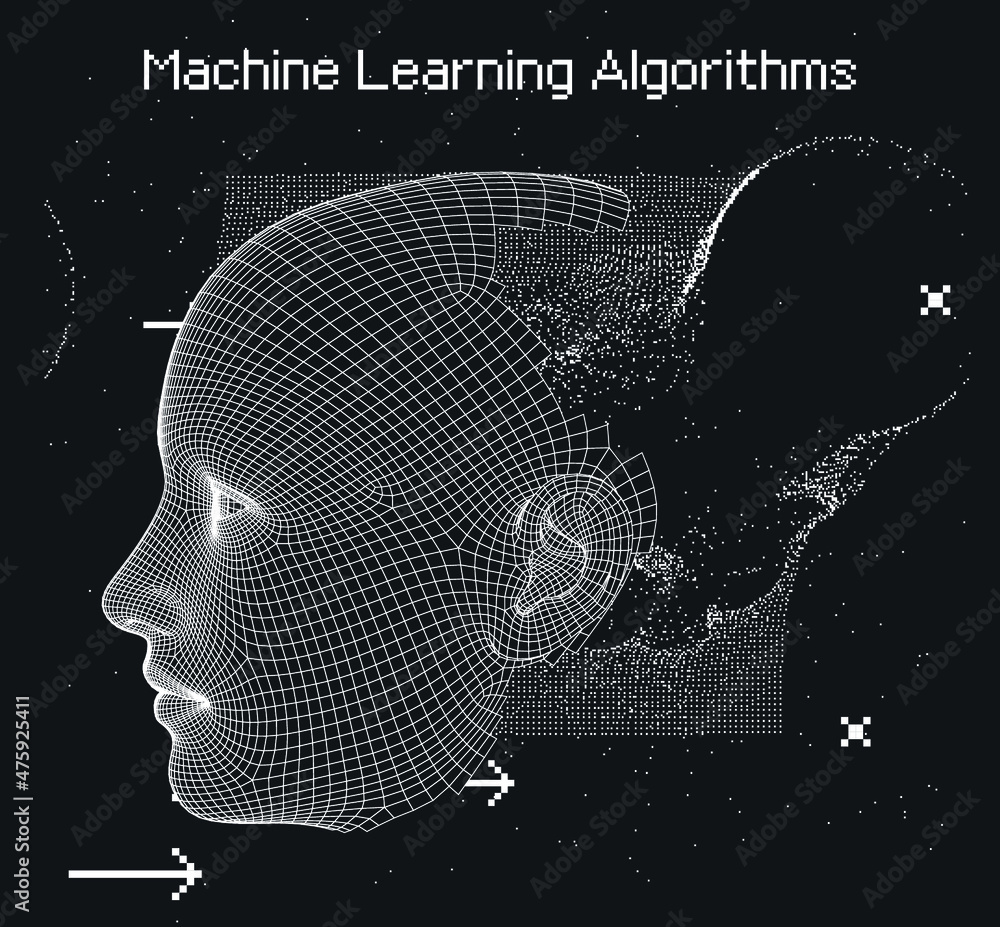 3D low poly wireframe model of a human head with pixel artifacts ...